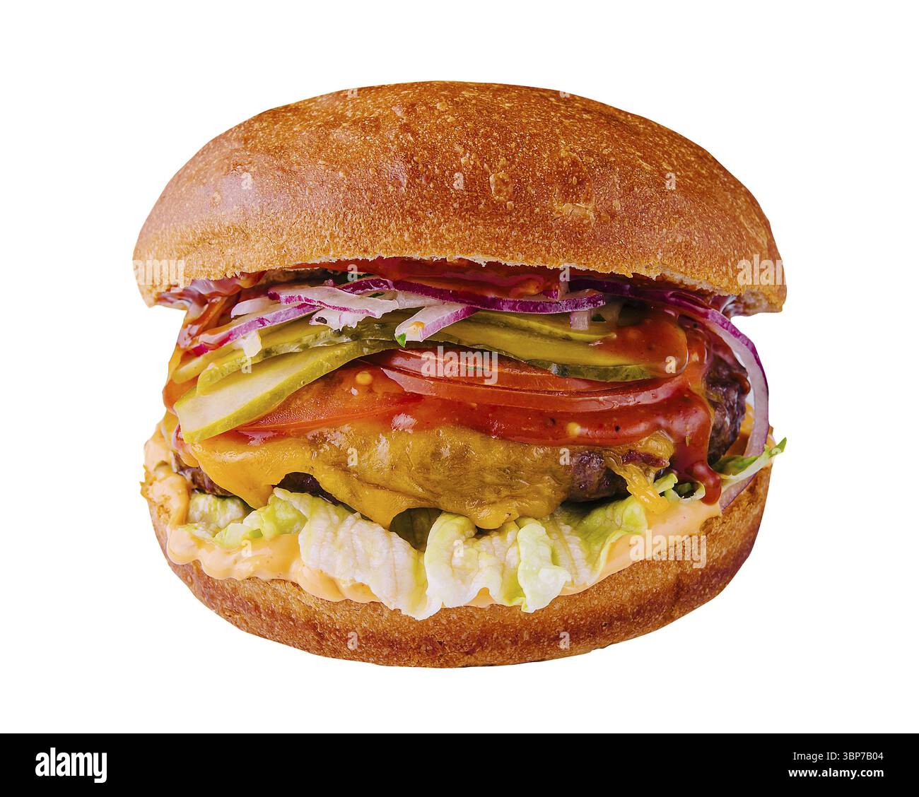 Food, Juicy gourmet cheeseburger with fresh toppings isolated on a ...