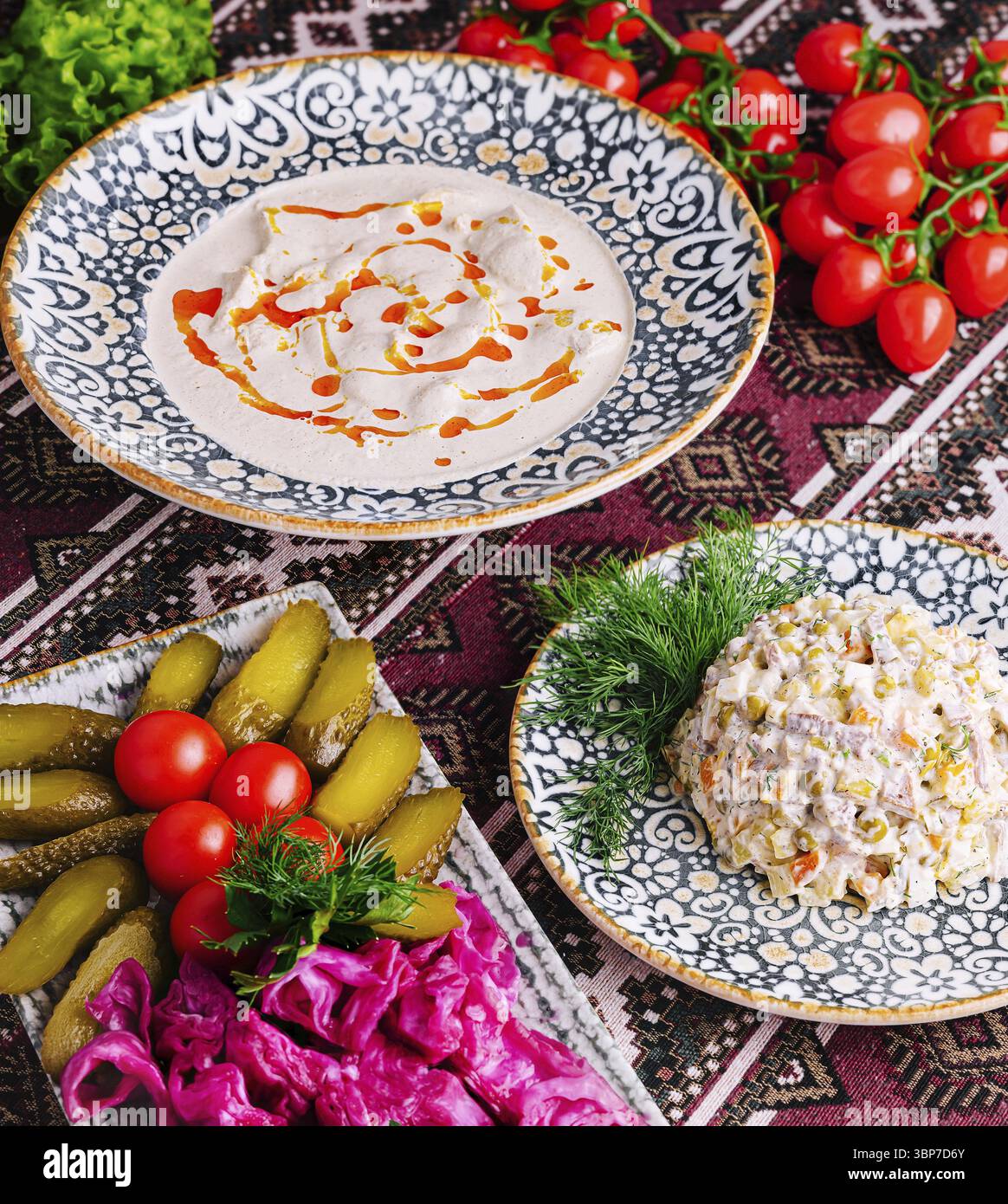 Food, Vibrant display of slavic dishes featuring pickles, cabbage, and ...