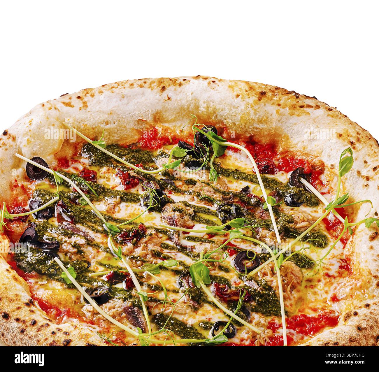 Food, A delicious gourmet pizza showcases a crust with a golden edge ...