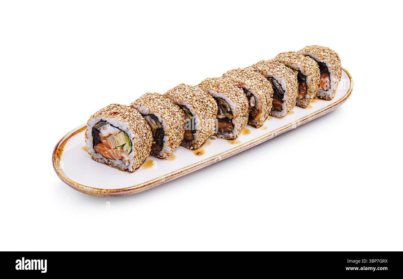 Food, Fresh sushi rolls are neatly arranged on a decorative plate ...