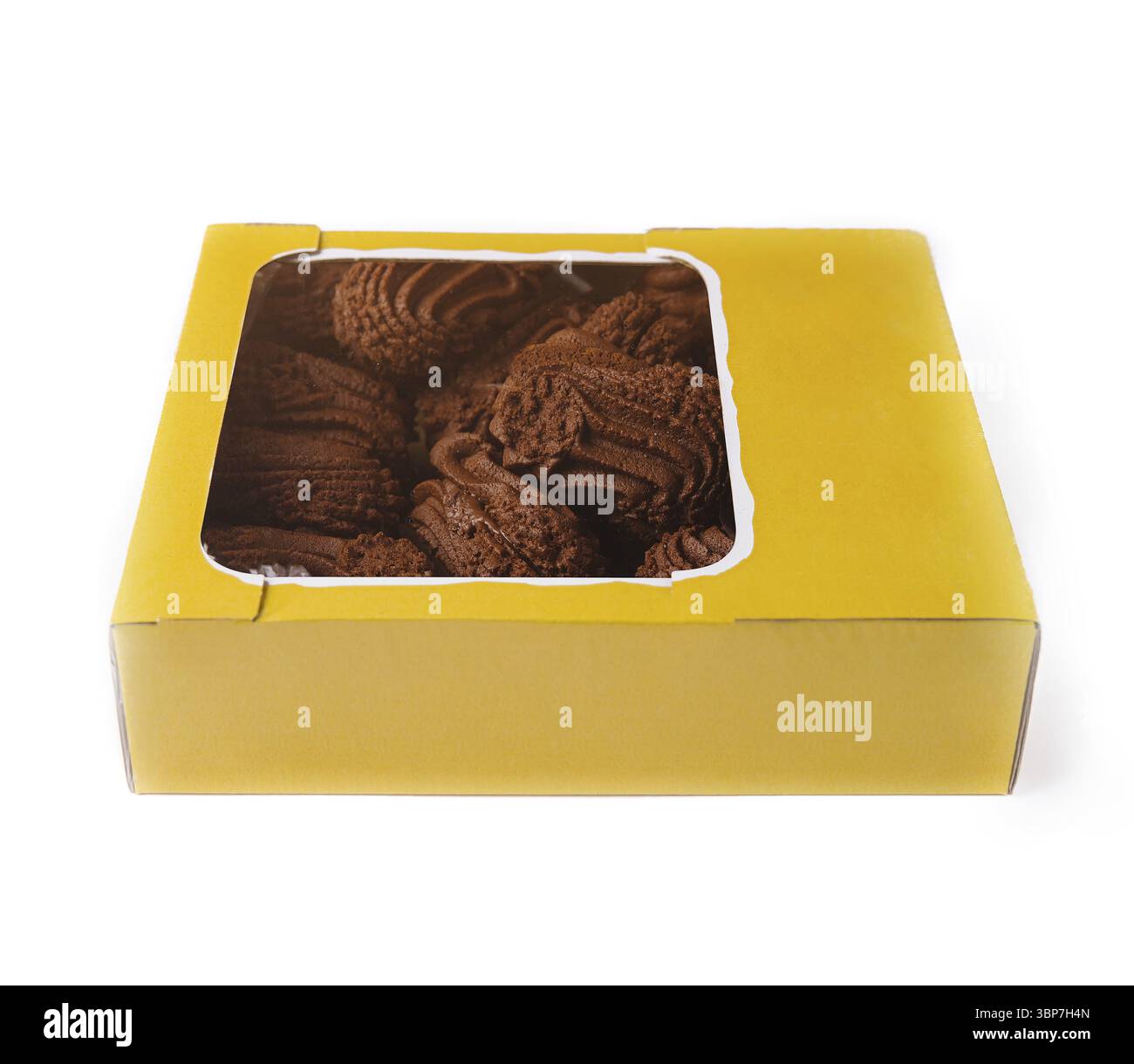 Food, Yellow cardboard box with a transparent plastic window is showing ...