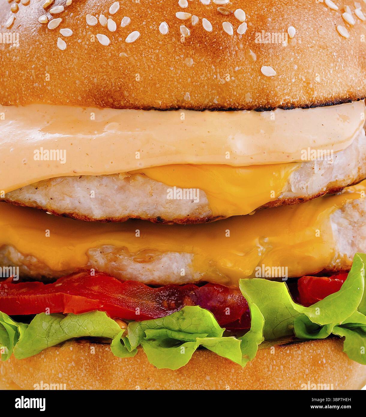 Food, Double chicken burger with melted cheese, sauce, fresh vegetables ...