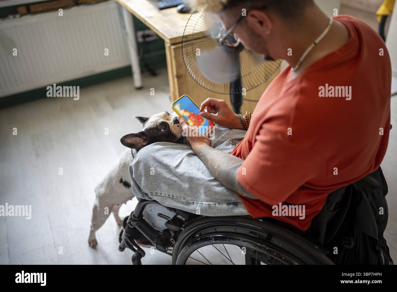 Disabled man in wheelchair checking weather forecast on phone screen ...
