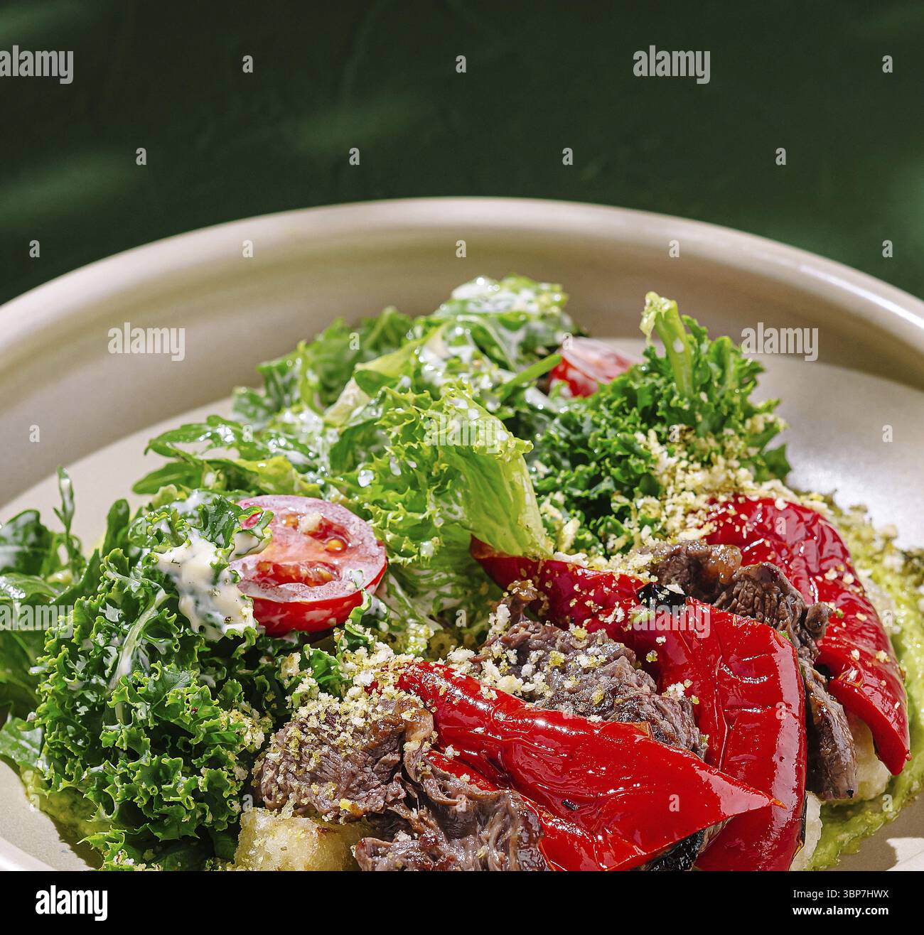 Food, A vibrant salad featuring fresh greens, juicy tomatoes, and ...