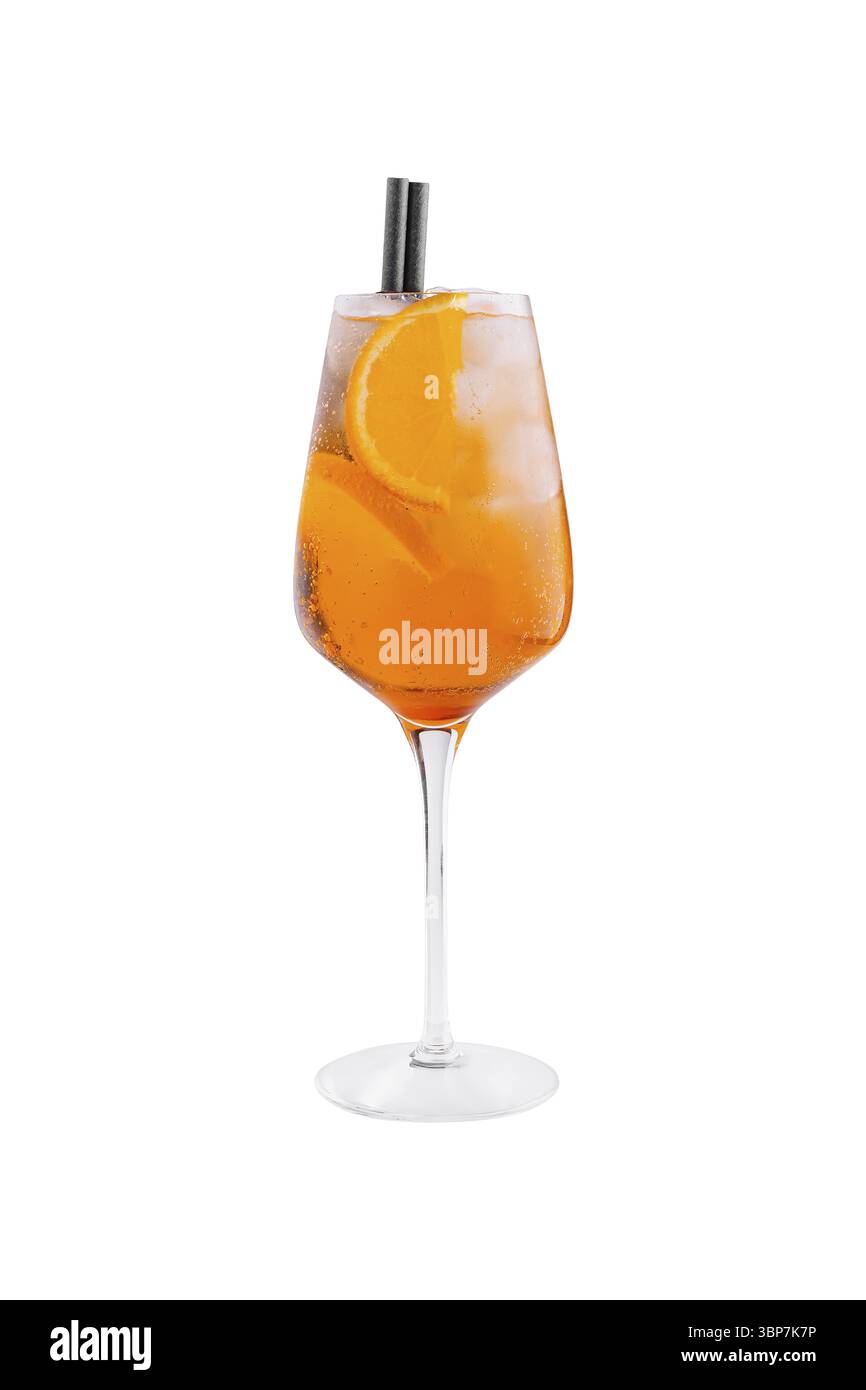Food, Aperol spritz cocktail with black straw and orange slice is ...
