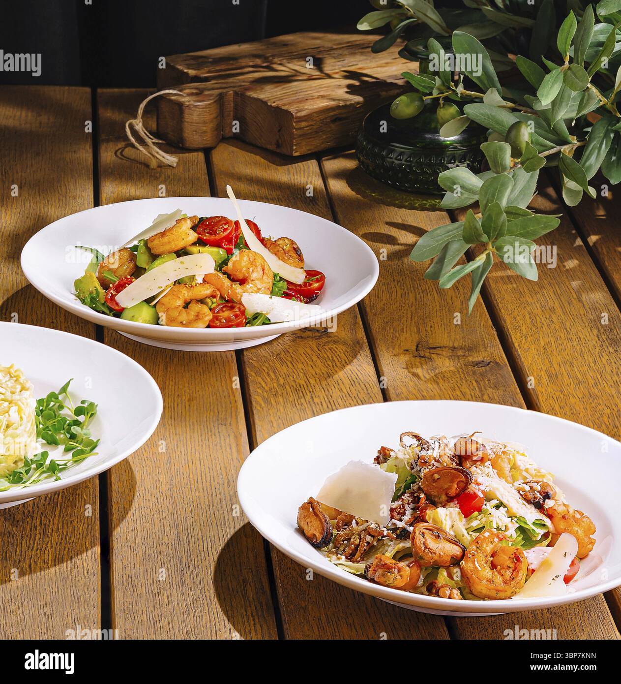 Food, Elegant presentation of diverse gourmet meals in a rustic dining ...