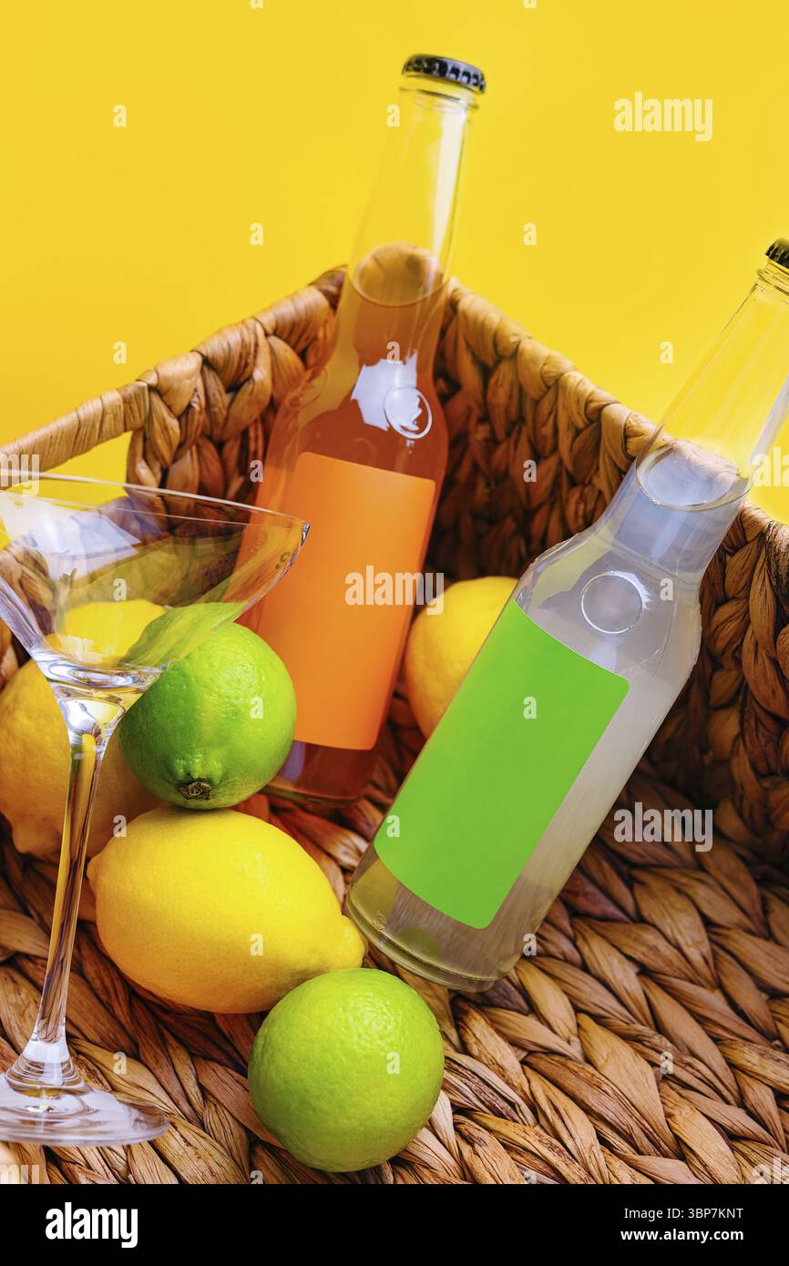 Food, Two bottles of refreshing summer drinks with blank labels are ...
