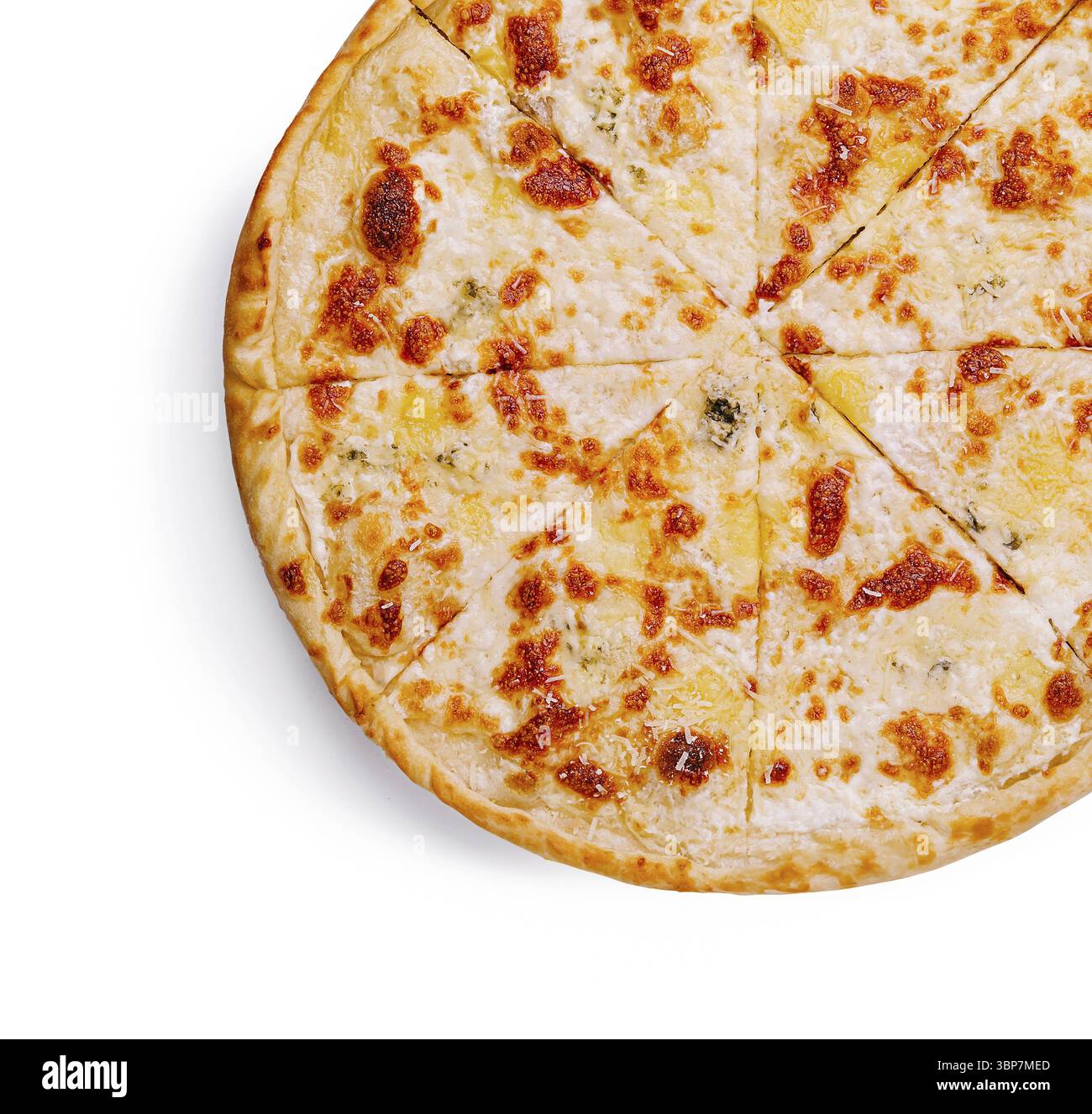 Food, A large, round cheese pizza is perfectly baked, featuring a ...