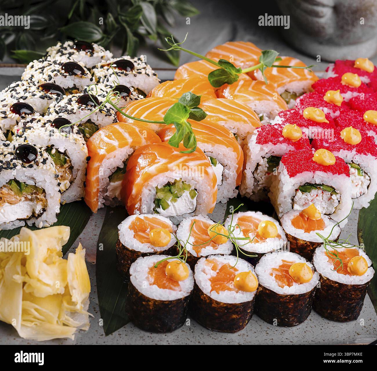 Food, Beautifully presented platter of diverse sushi rolls with ...