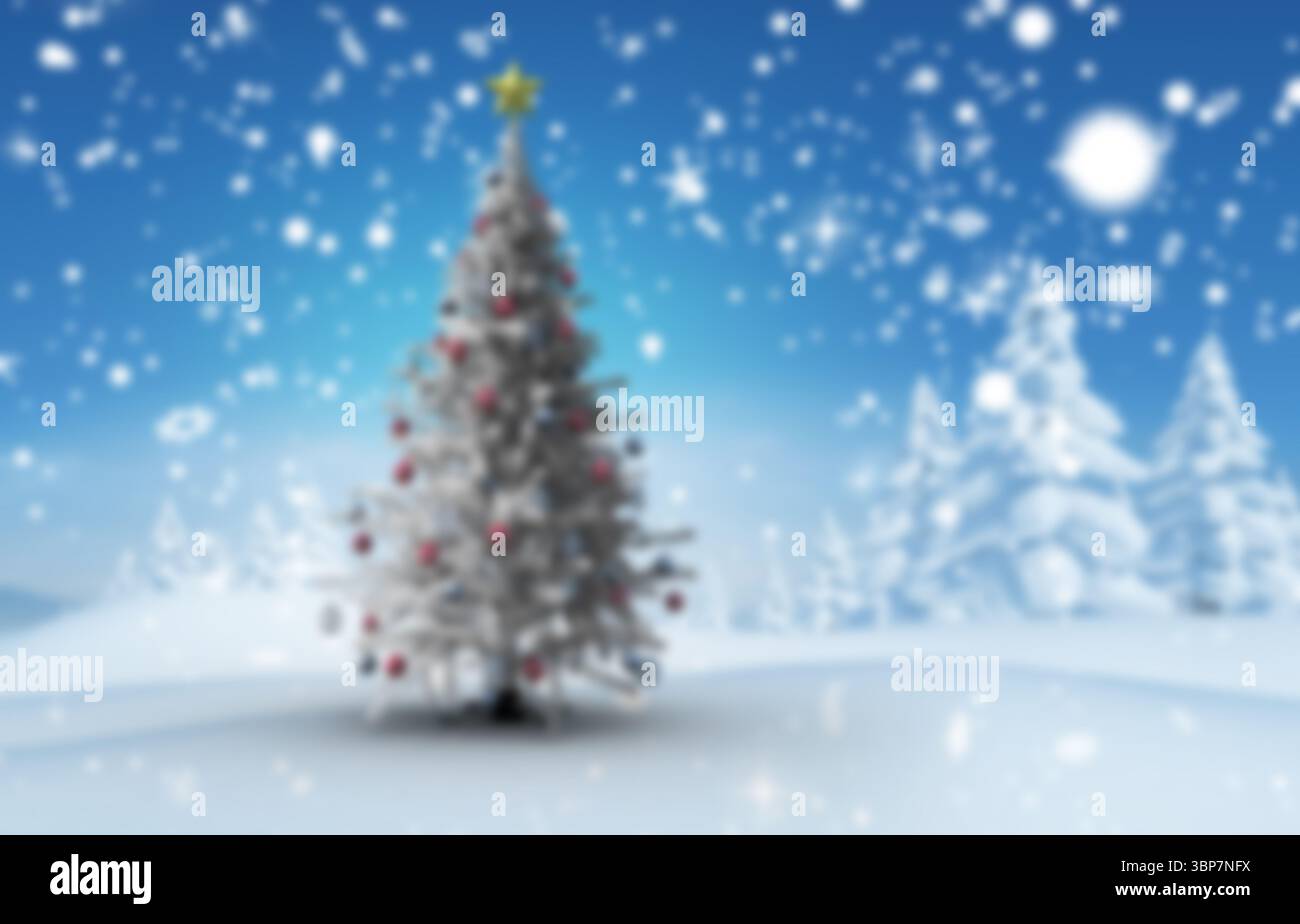 Evergreen tree is standing in flat design forest with red baubles ...