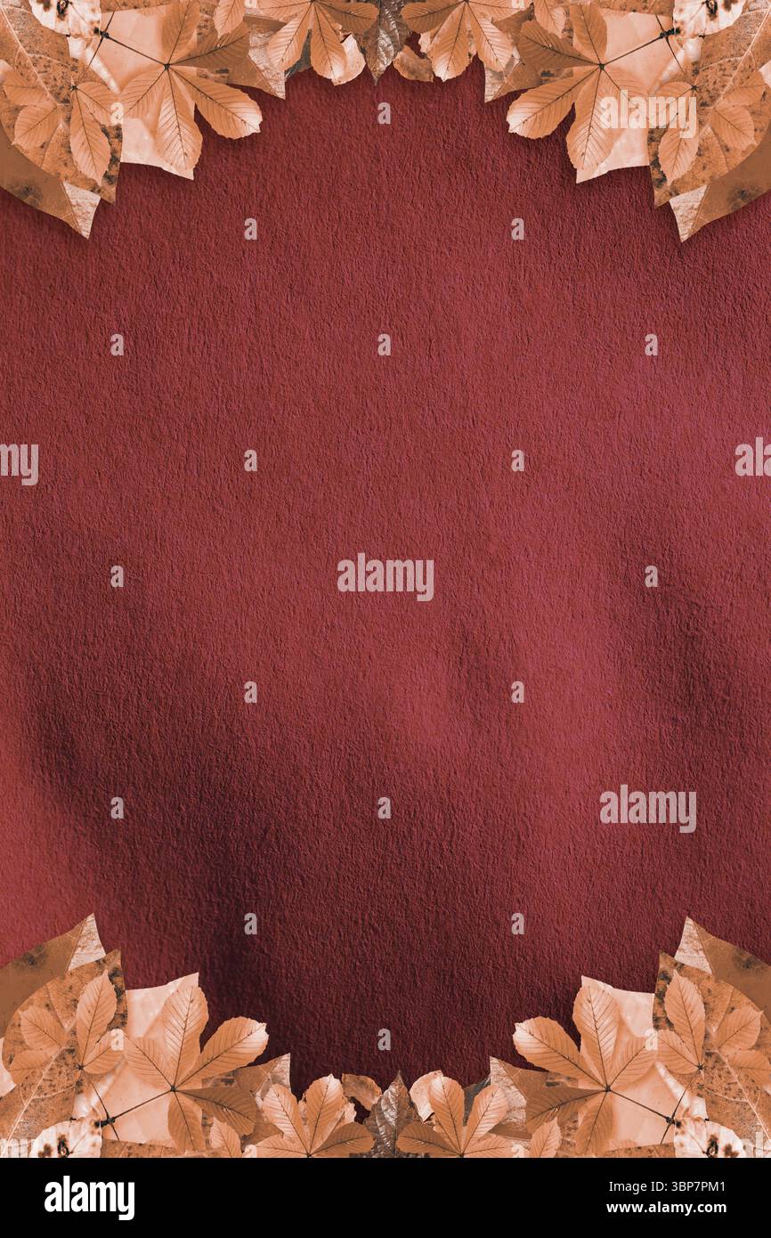 Dried brown and orange autumn leaves are framing flat design maroon ...