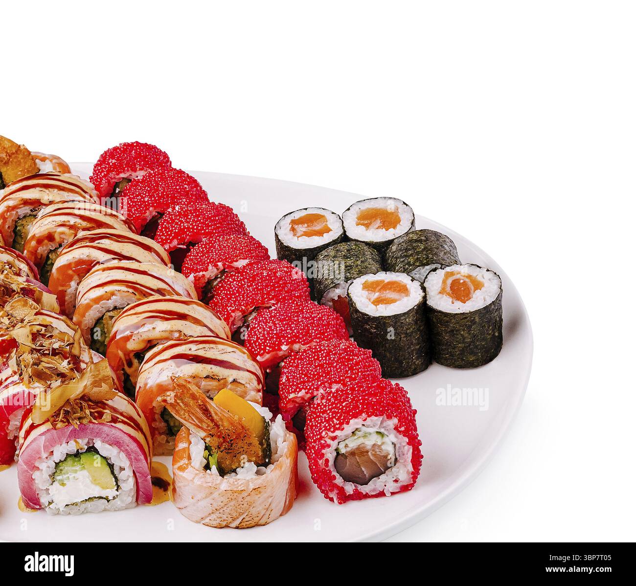 Food, A vibrant platter showcases a variety of sushi rolls, including ...