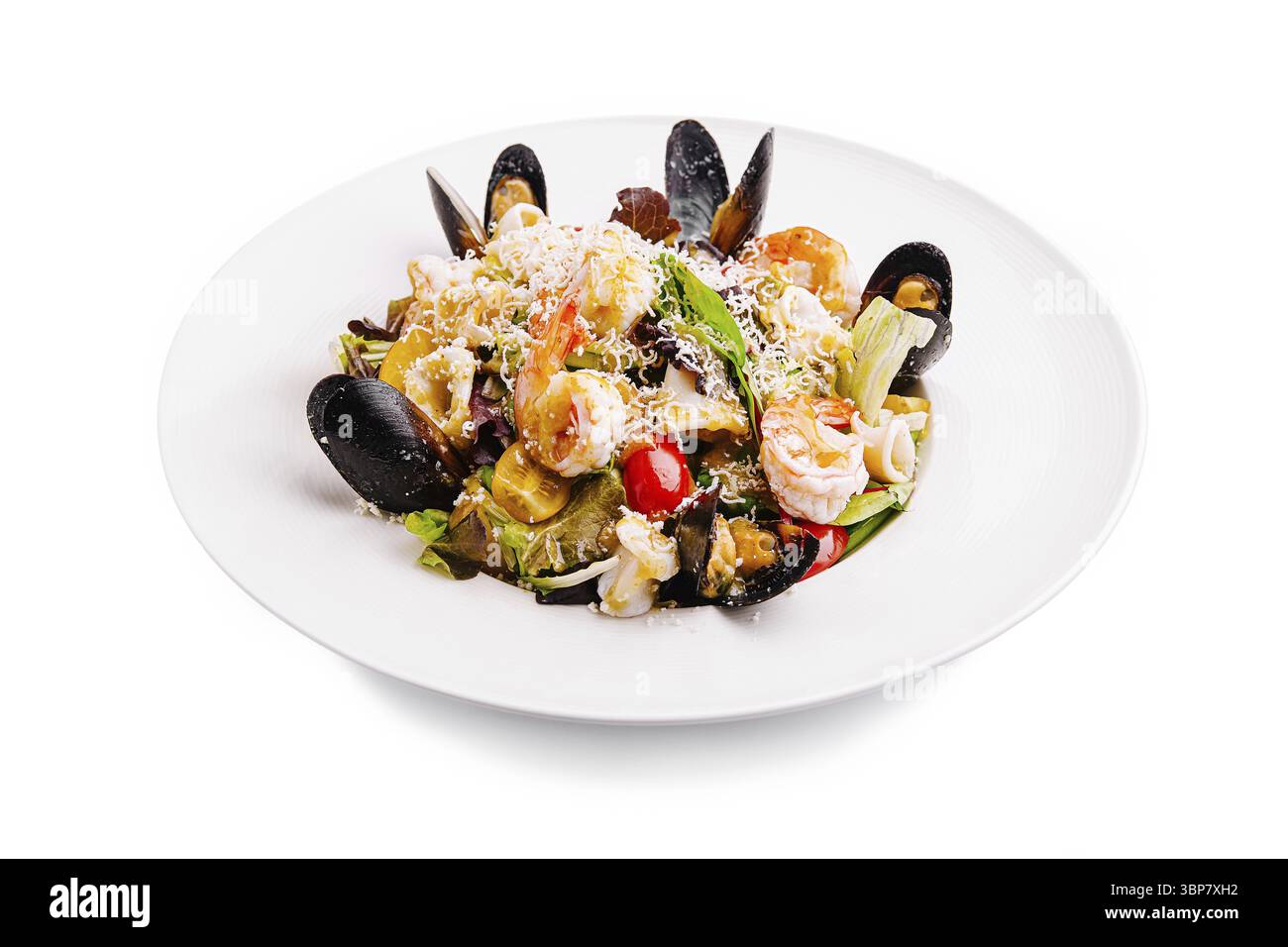 Food, A vibrant seafood salad features shrimp, mussels, and assorted ...