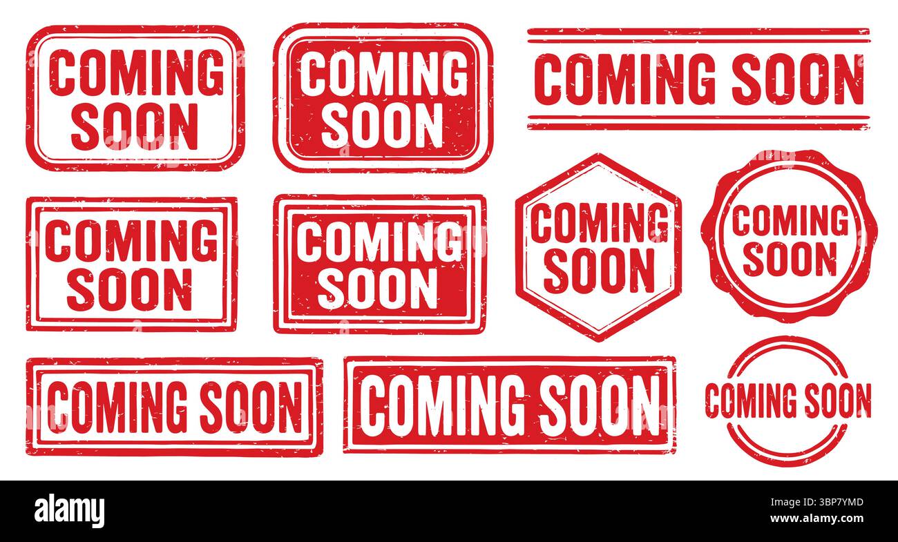Coming soon Stamp vector set. Coming soon Rubber Stamp design ...