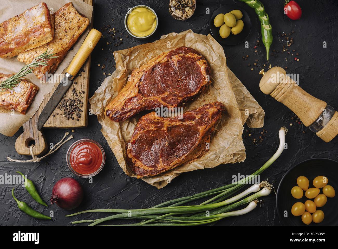 Food, Marinated t bone beef steak top view Stock Photo - Alamy
