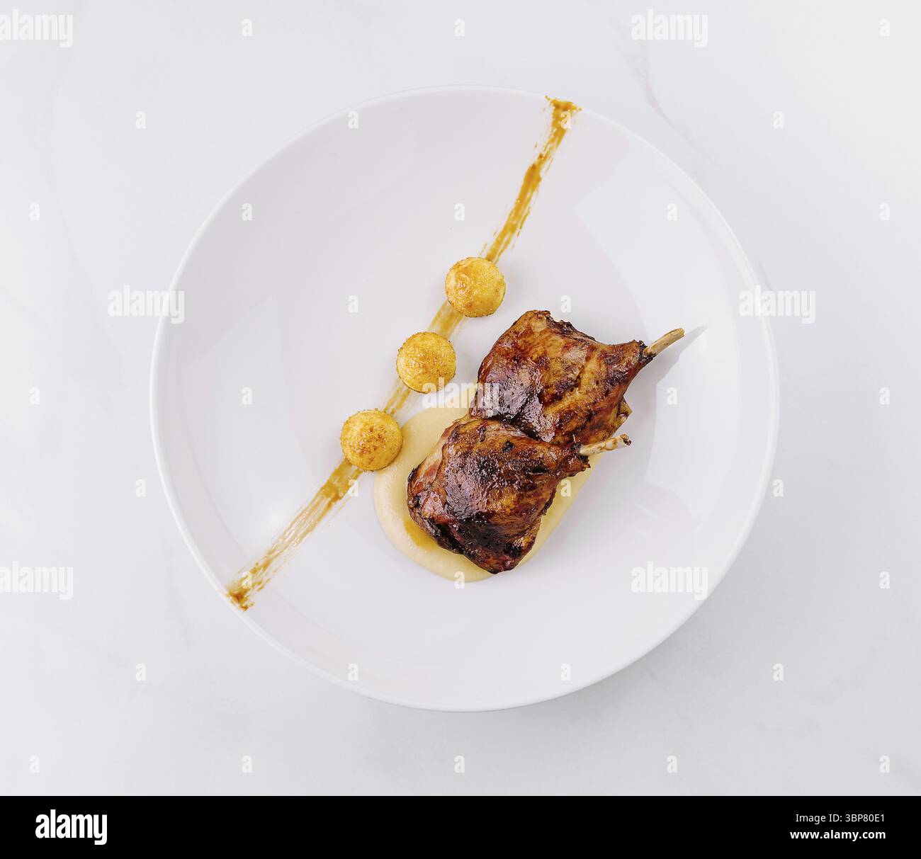 Food, Top view of a delicious chicken skewer served on a white plate ...