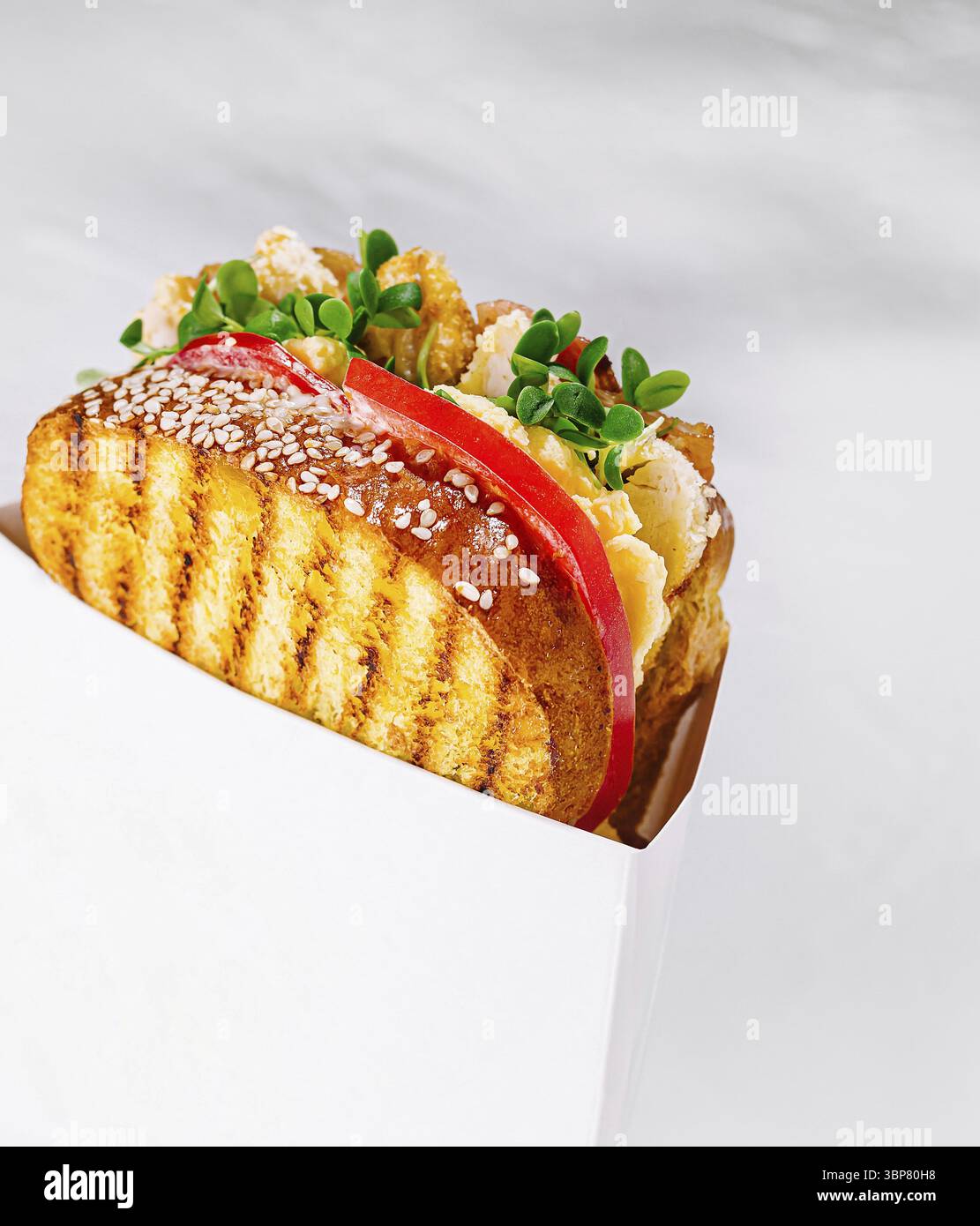 Food, Toasted square sandwich with chicken and vegetables in white ...