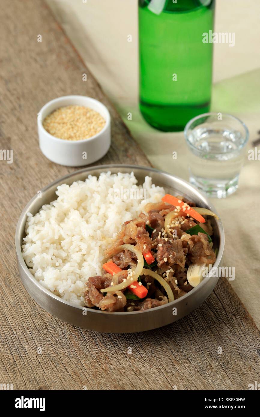 Rice Beef Bulgogi on Silver Plate Bowl, Korean Style Food. Served with ...