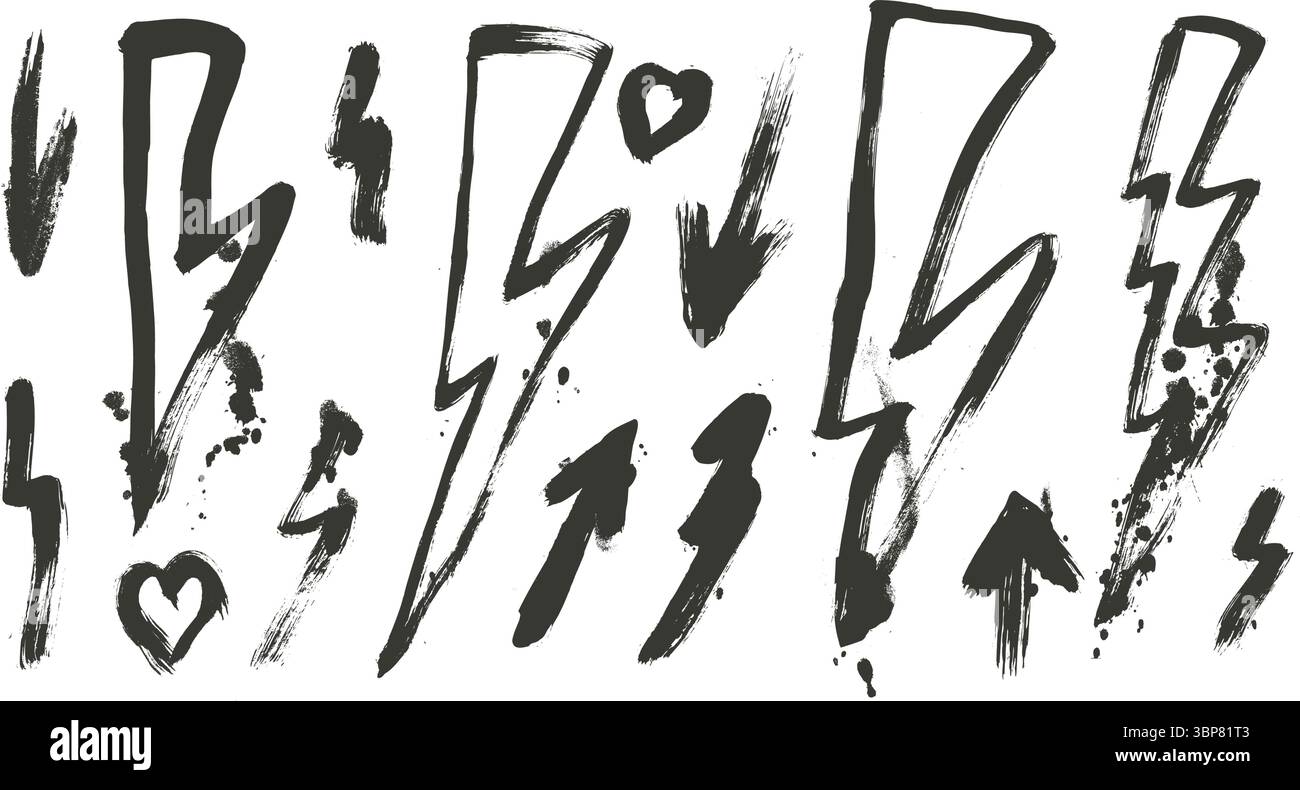 Lightning graffiti drawn set. Spray paint hand drawn thunderbolts ...