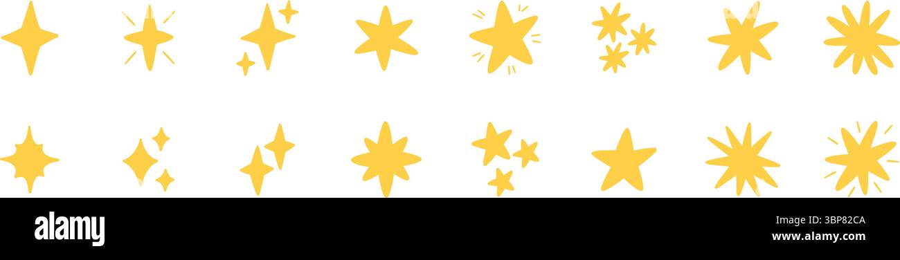 Doodle glitter twinkle star icons set. Yellow hand drawn shine star ...