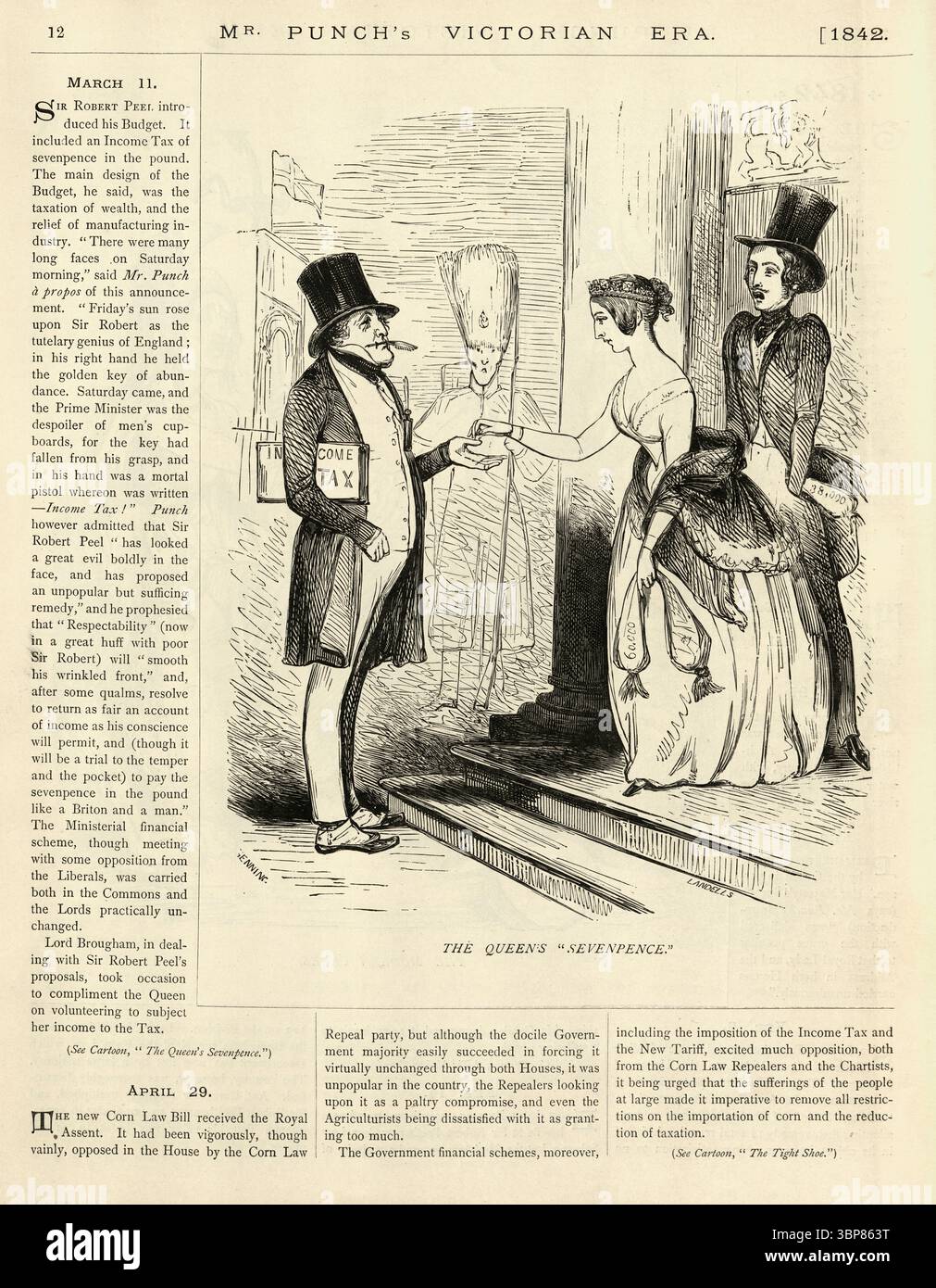 Cartoon, The Queen's sevenpence, Charicature of Queen Victoria paying ...