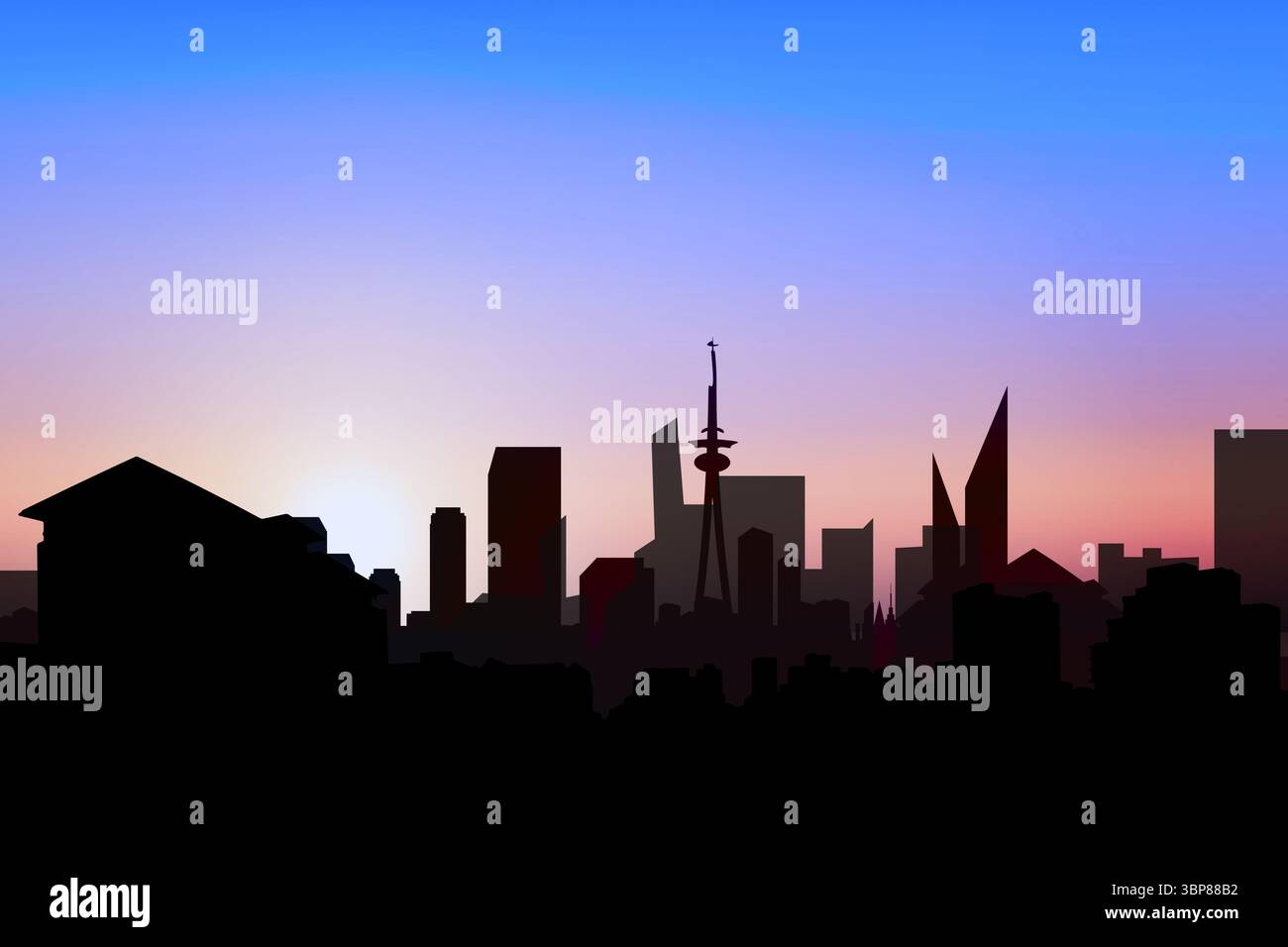 Flat design city skyline silhouette is rising over transparent ...