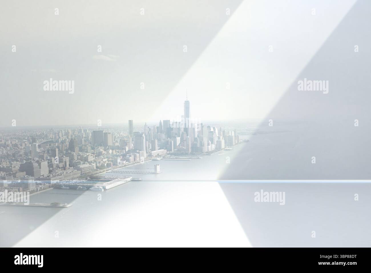 Central tower is rising by waterfront piers in 3D render, with lens ...