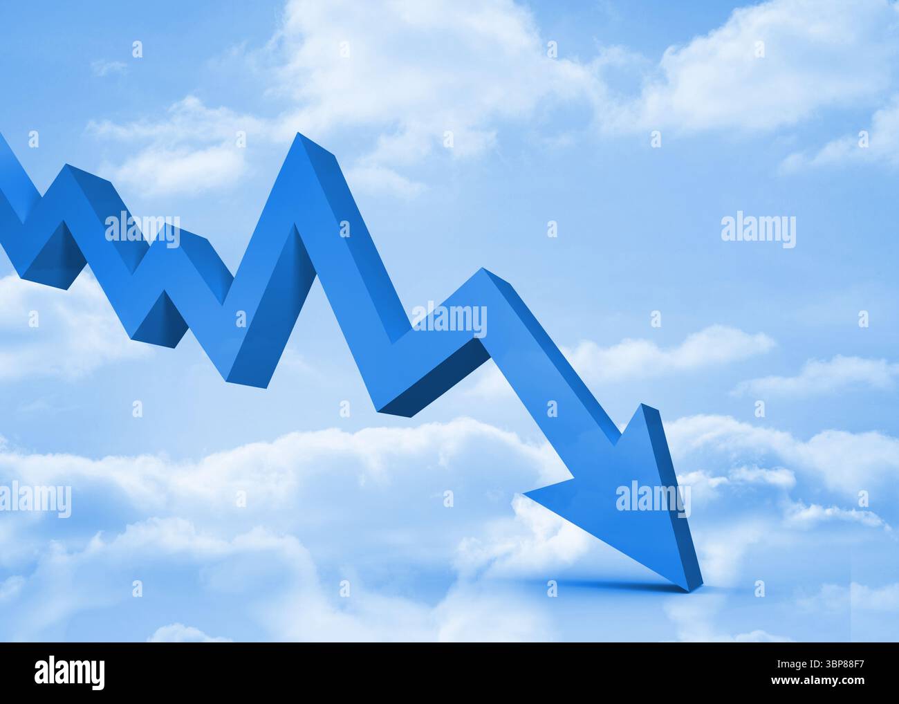 3D zigzag arrow is descending through light blue sky in digital ...