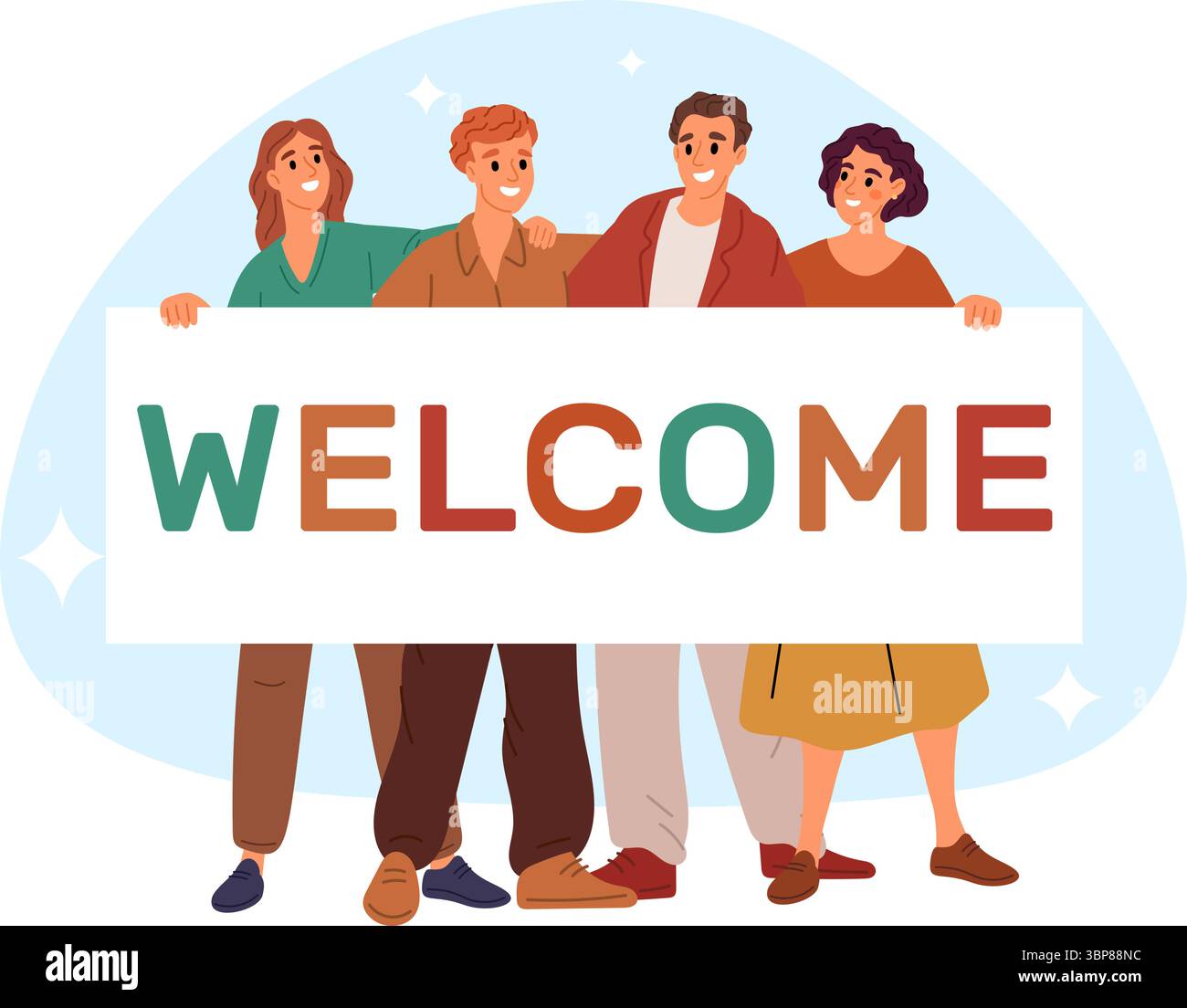Young friendly men and women holding banner that read Welcome. Happy ...