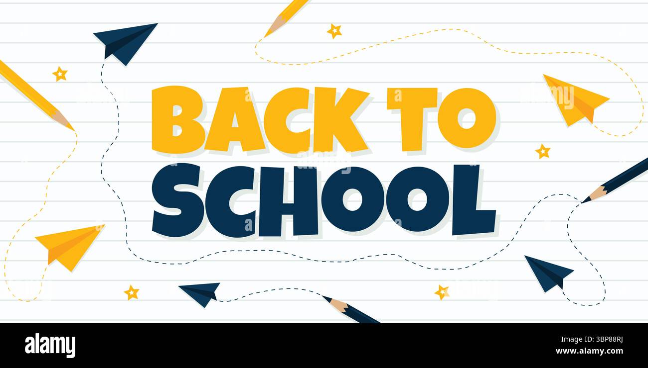 Back to School Banner with Pencils and Paper Planes on Lined Background ...