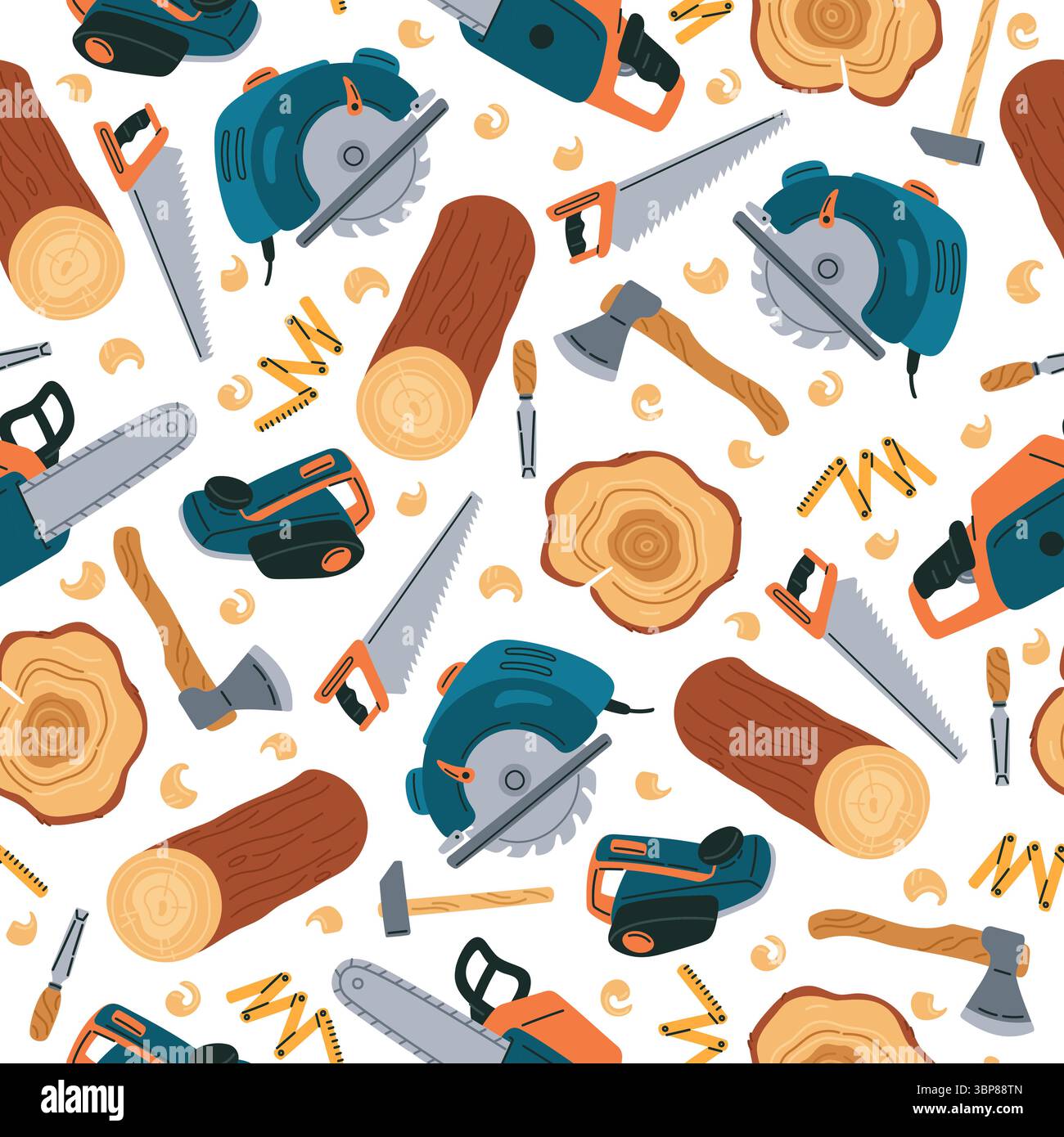 Woodworking tools seamless pattern. Carpentry equipment. Saw and axe for wood log cut ...