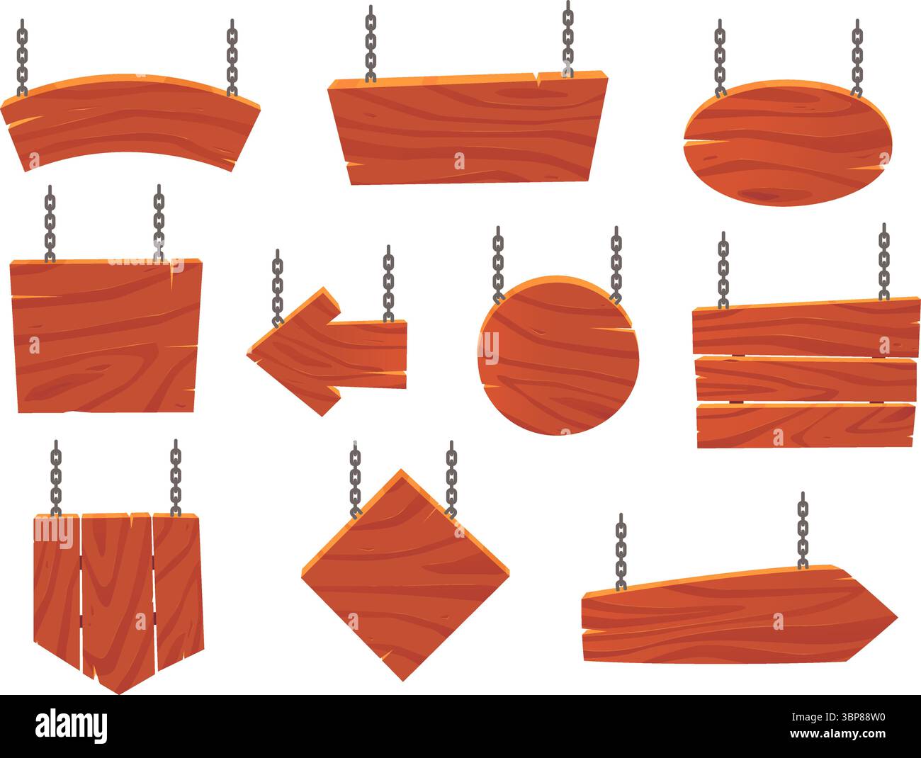 Wooden signs or boards suspended from metal chain. Travel guidepost ...