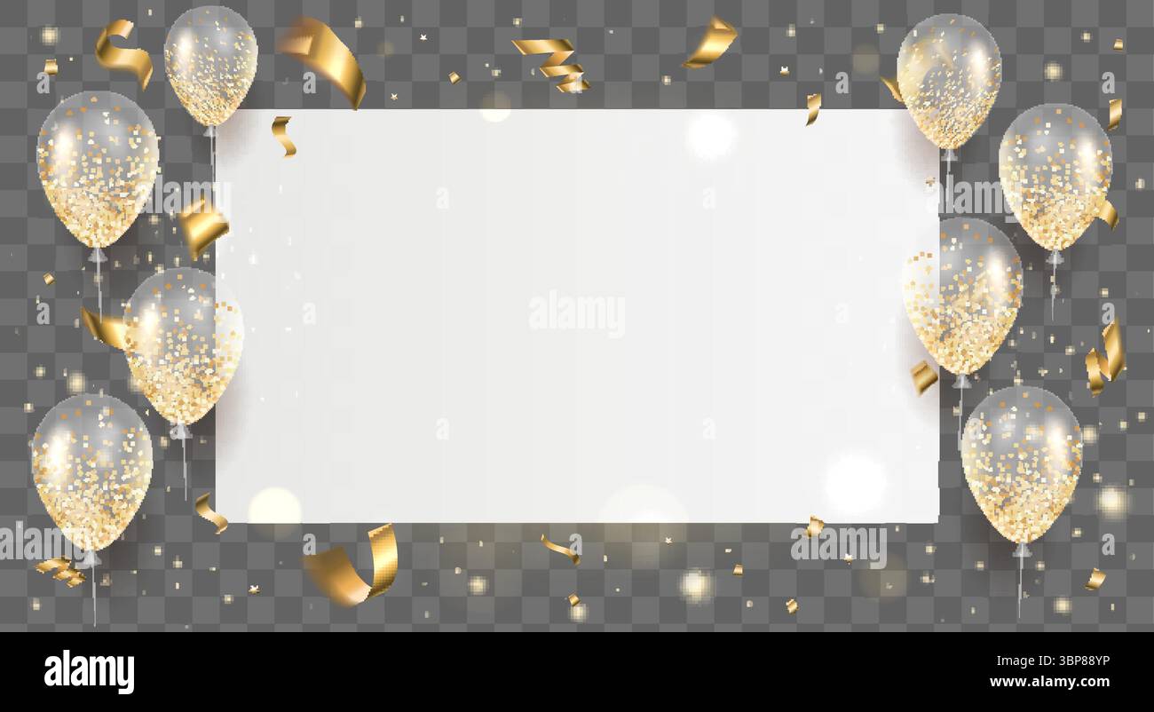 White holiday poster. Inflatable balloons with gold confetti and ...