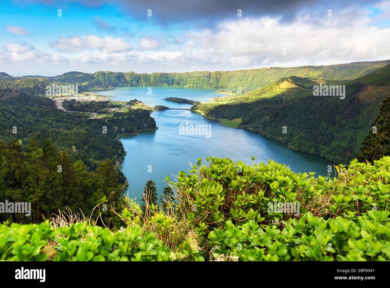Aerial view of beautiful lagoon in the Azores islands. Drone landscape ...