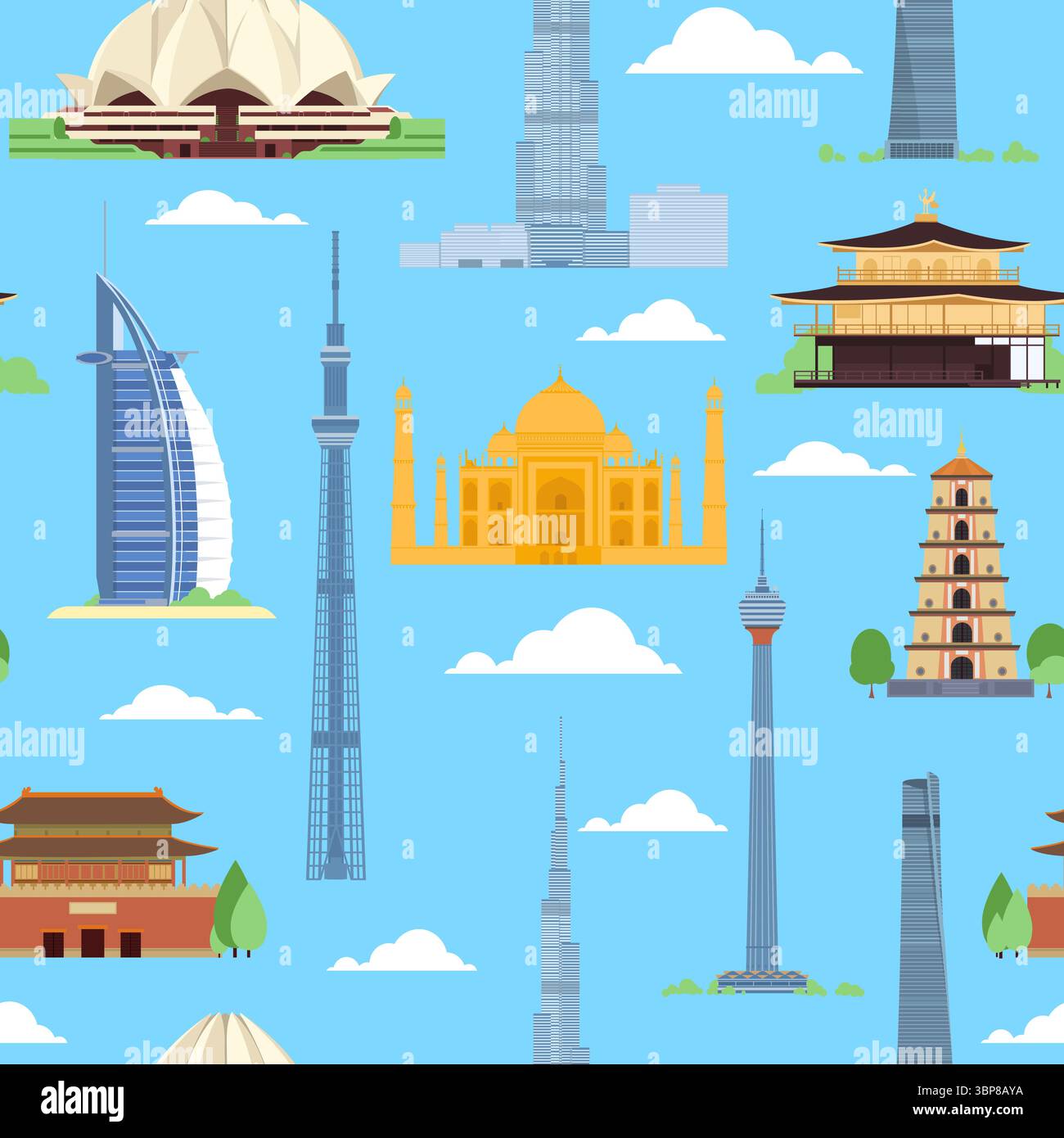 Famous structures of Asia. Architecture seamless pattern. Dubai ...