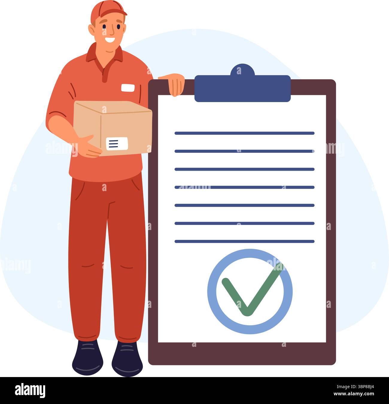 Delivery service courier in red uniform with cardboard box and ...