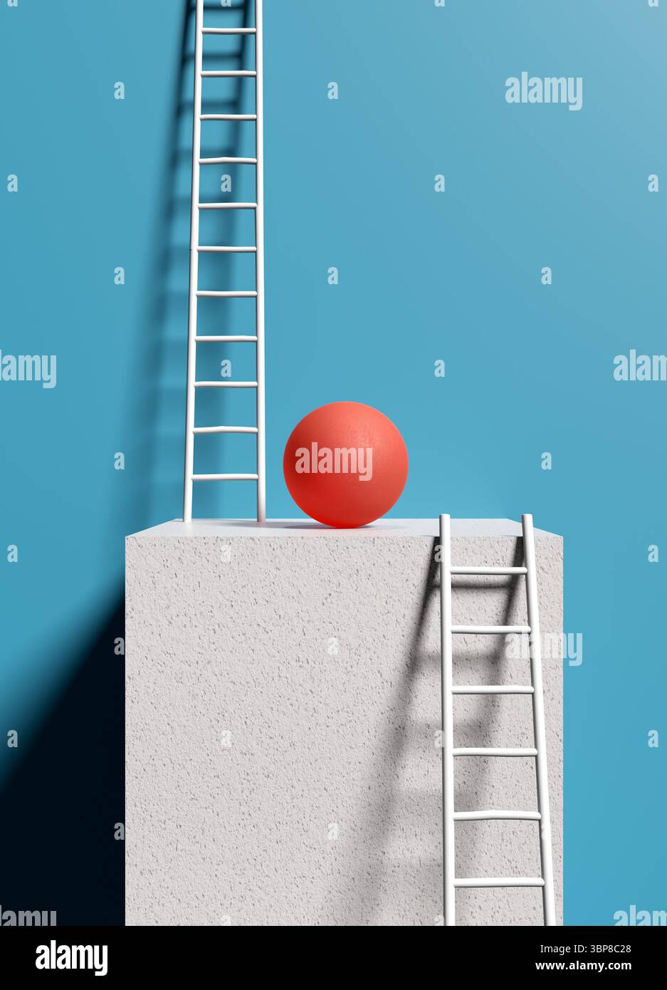Two ladders leaning on a white cube and a red sphere, symbolizing ...