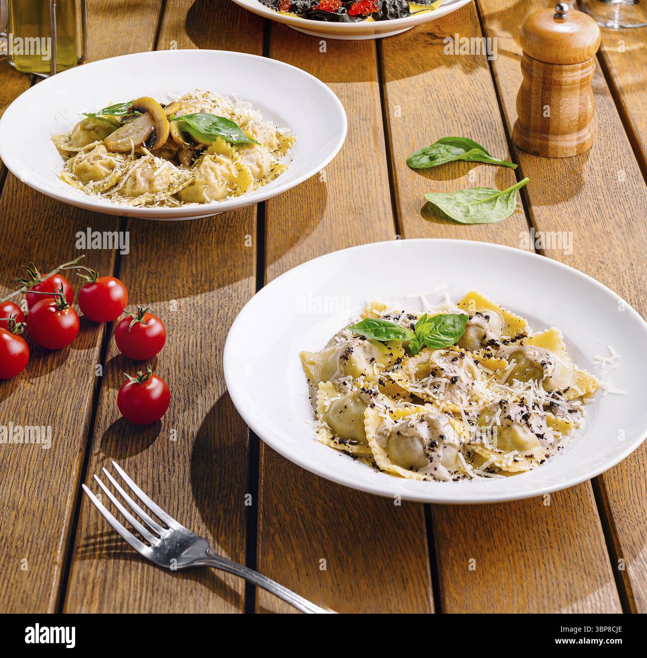 Food, Three types of pasta served elegantly on white plates, ready for ...