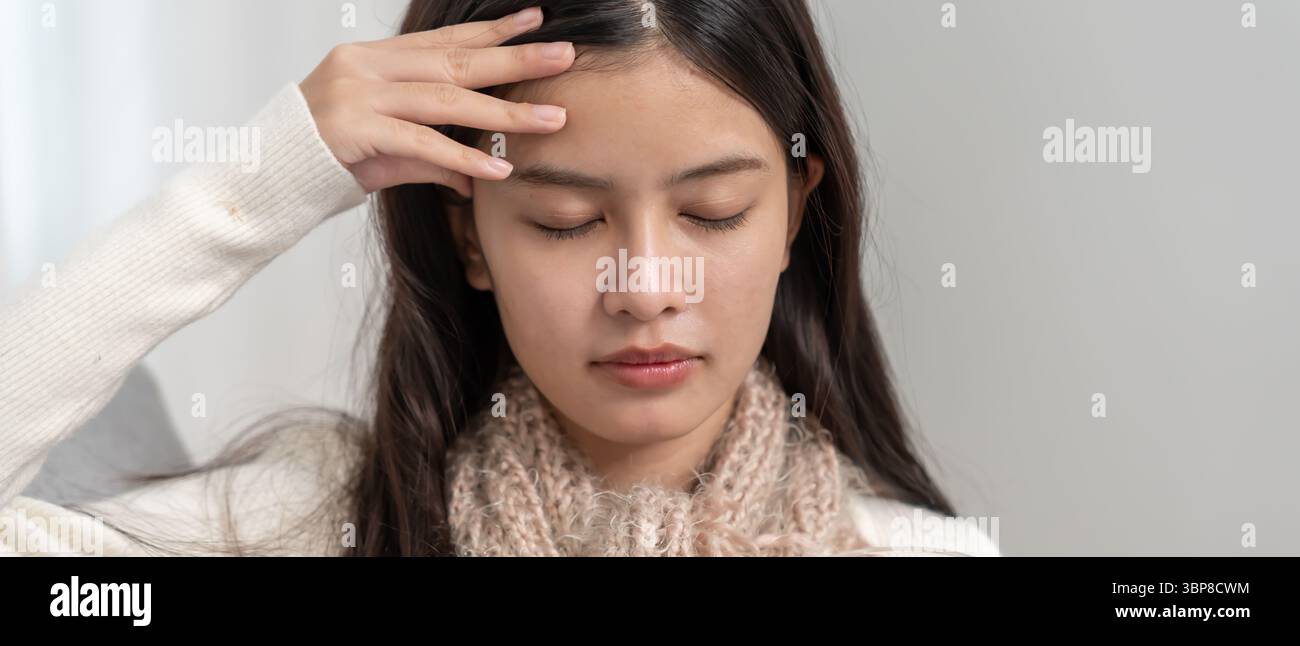Headache, female having migraine pain, bad health, Asian woman feeling ...