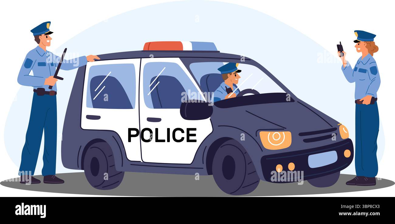 Male and female police officers standing outside police car. Cops group ...