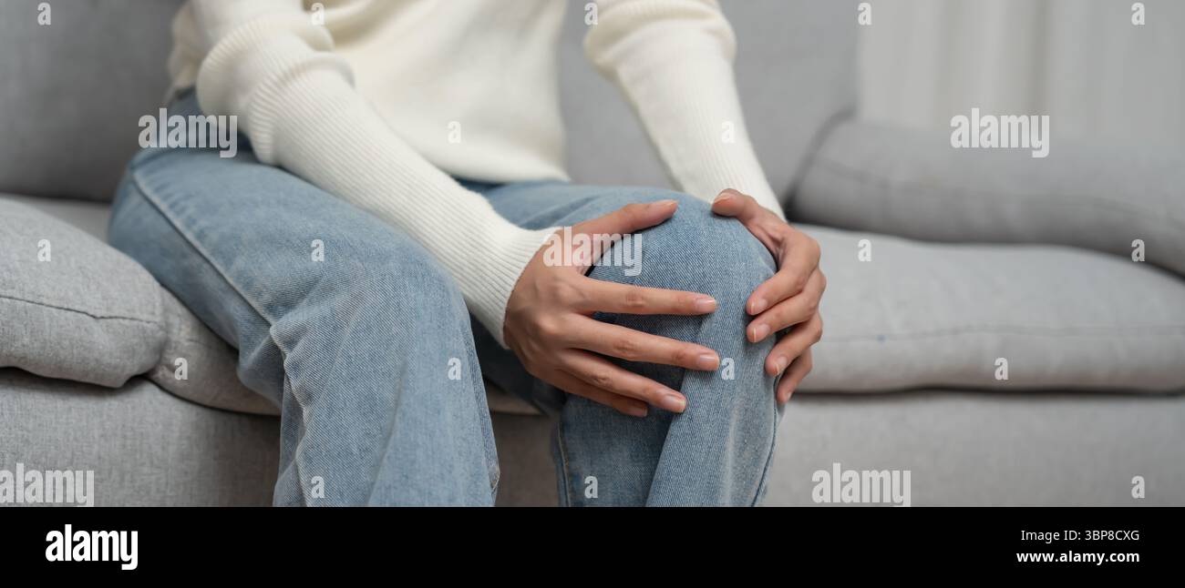 woman having knee injury due to ligament inflammation, knee pain due to ...