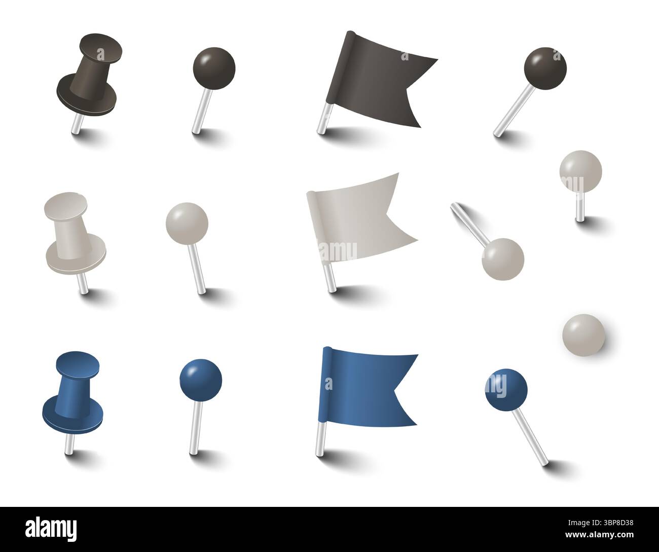 Set of push pins and flag markers in white, blue, and black colors ...