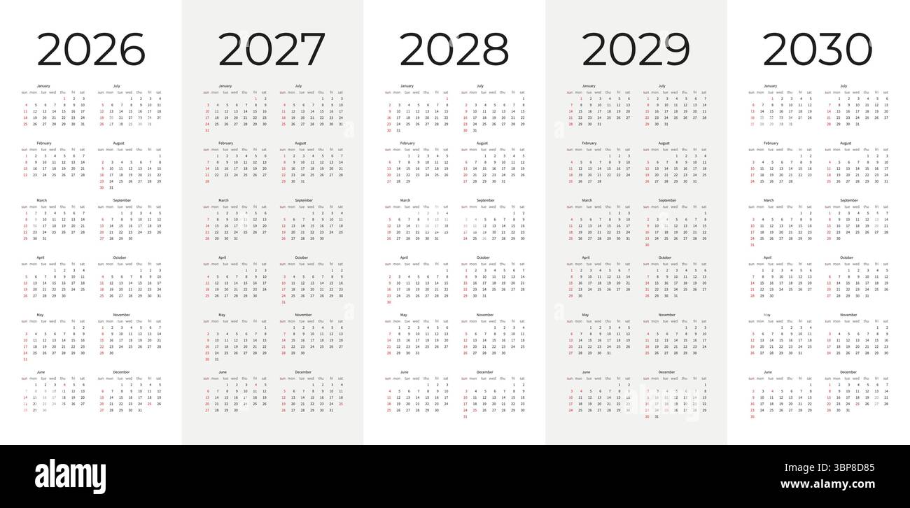 Simple editable vertical vector calendar set for years 2026 to 2030 ...
