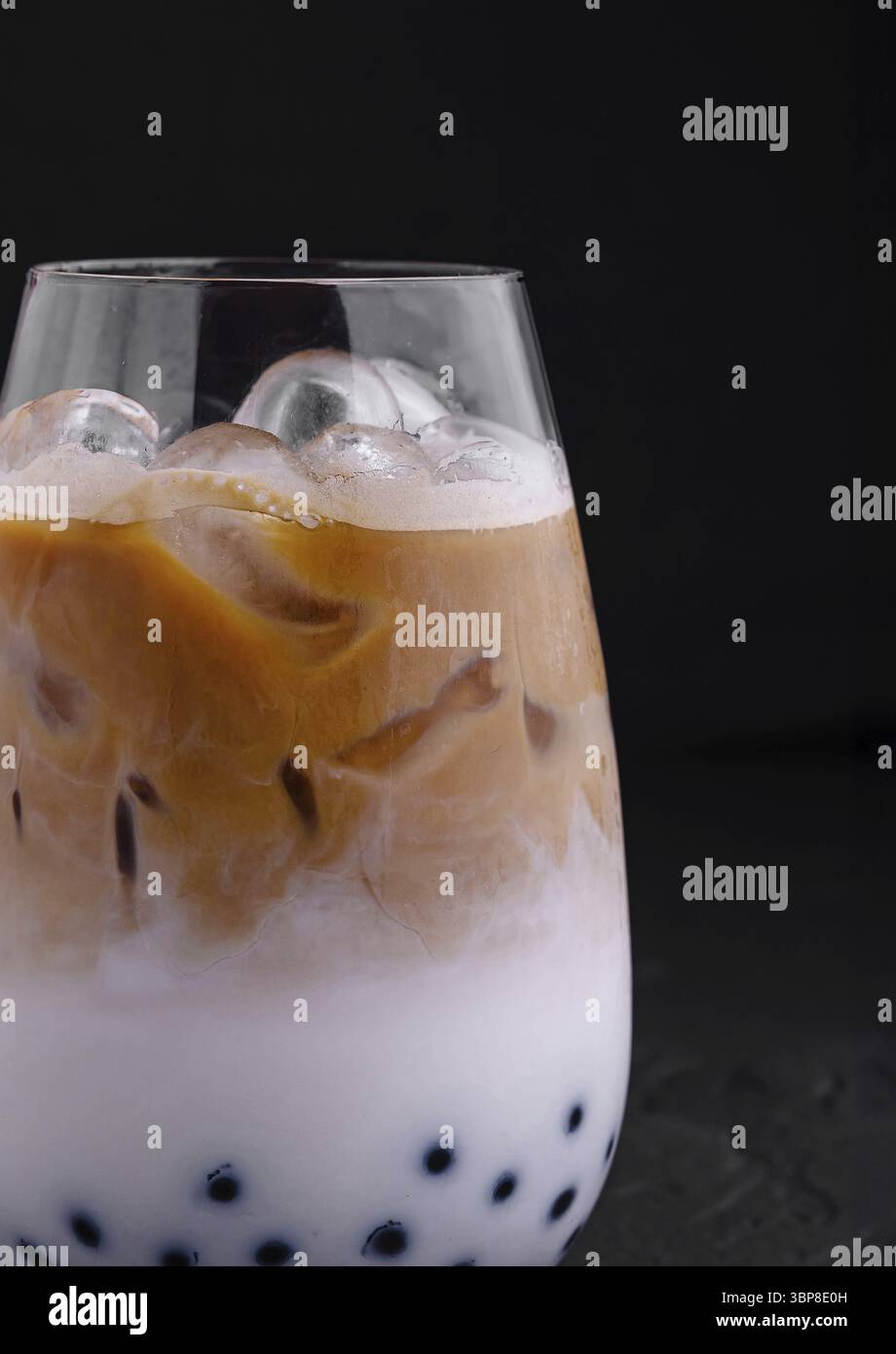 Food, Glass filled with refreshing iced coffee mixed with milk and boba ...