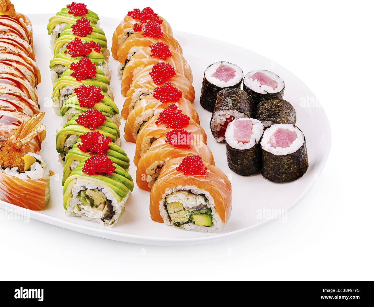 Food, A beautiful assortment of sushi rolls displayed on a white ...