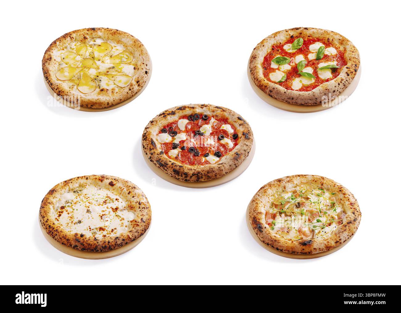 Food, Five unique pizzas showcase an assortment of toppings, including ...