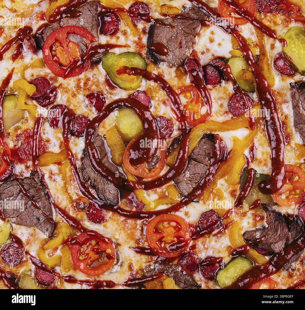 Food, Italian pizza with sausage, meat and cucumbers Stock Photo - Alamy