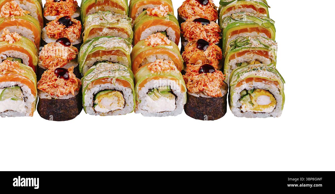 Food, Different types of sushi rolls are lying in a row on a white ...