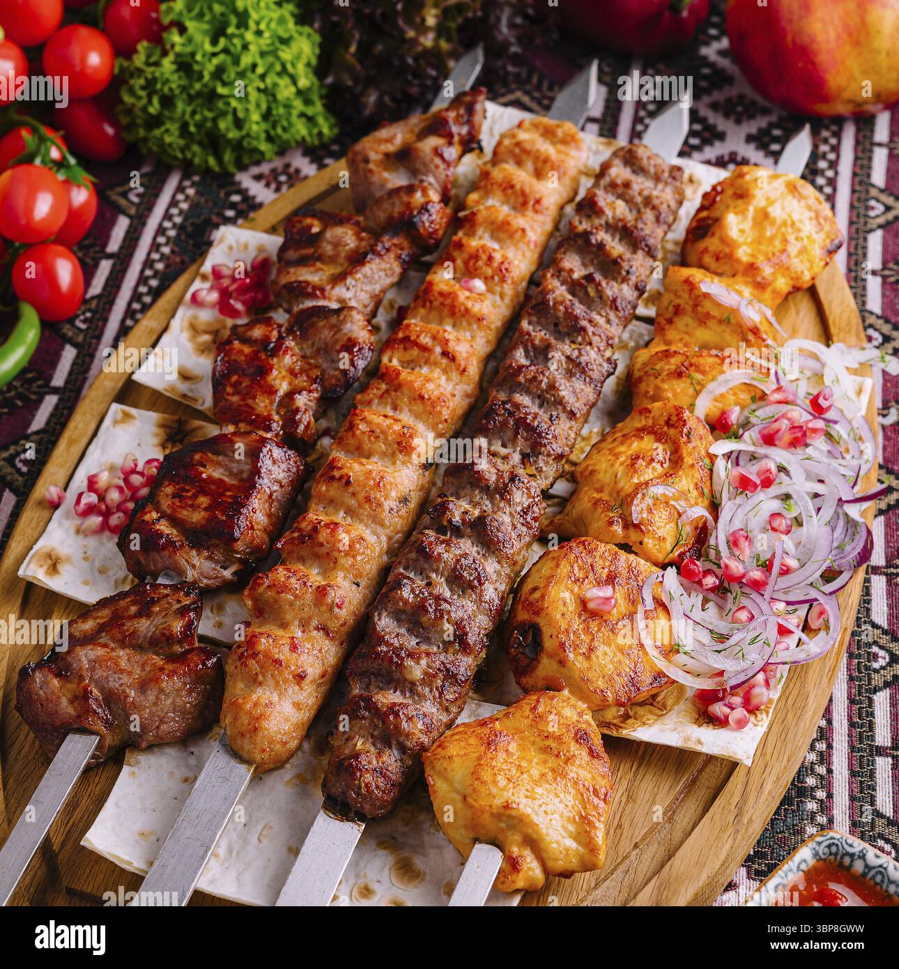 Food, Delicious traditional barbecue skewer platter with grilled meat ...