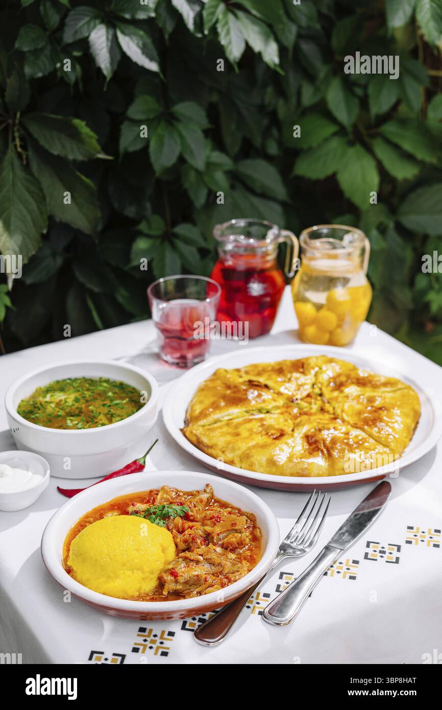 Food, Appetizing assortment of homemade dishes served on an outdoor ...